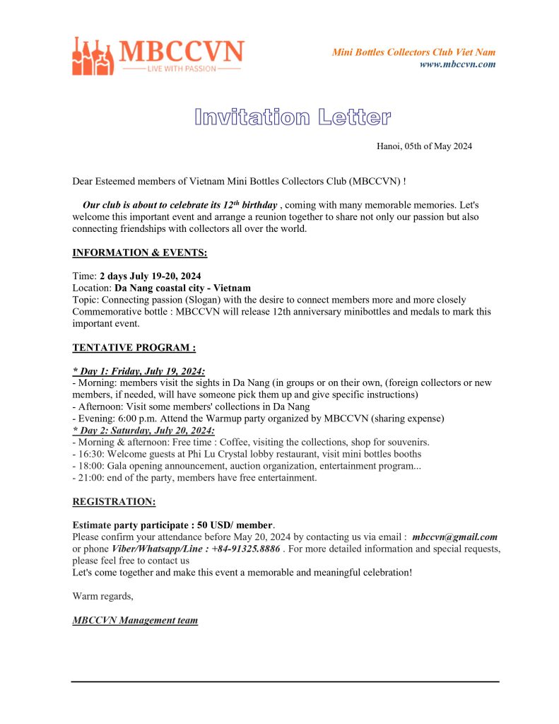 Invitation Letter : 12th anniversary of MBCCVN - CLB Sưu Tập Rượu Mẫu ...